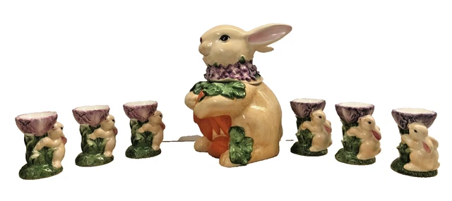 HARRY & DAVID Bunny Cookie Jar Carrot Easter Rabbit Vtg & 6 Egg Cups ...