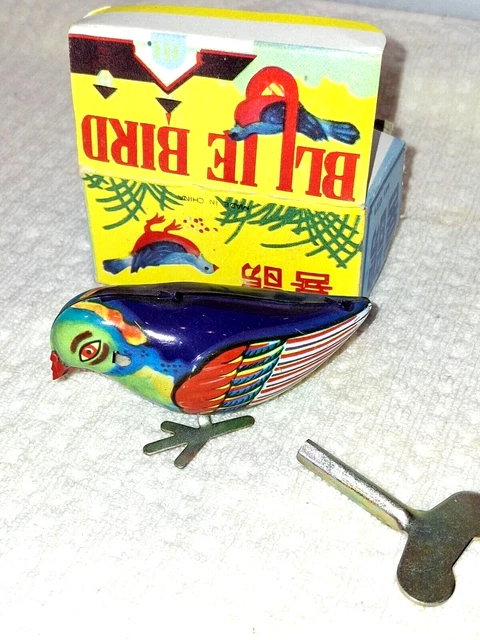 VINTAGE TIN LITHO Wind-Up Blue Bird Complete in Original Box with Key ...
