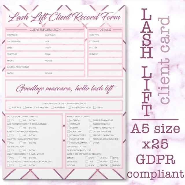 LASH LIFT CLIENT Record Card Form PREMIUM Treatment Consultation A5 ...