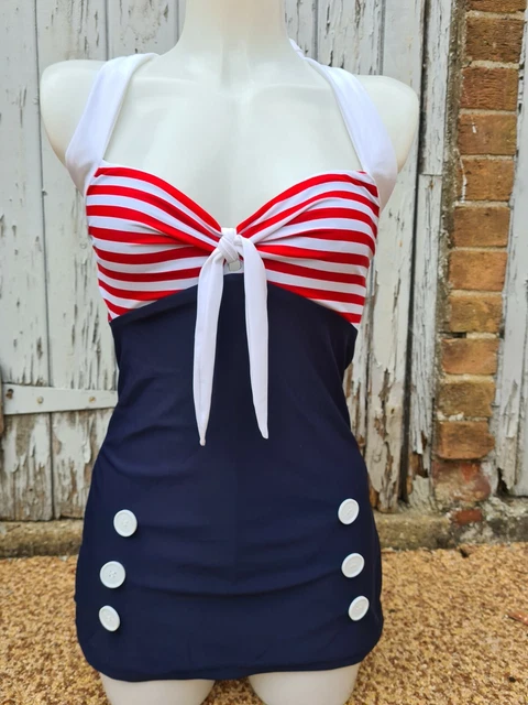 1950s Pin Up Girl Red Stripe Navy Vintage Swimming Costume 10 12 14 16