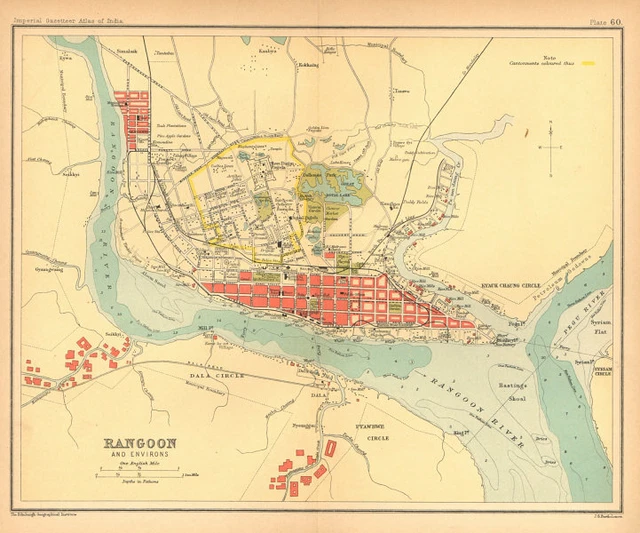 RANGOON/YANGON TOWN CITY plan. Myanmar. Cantonment. British Burma 1909 ...