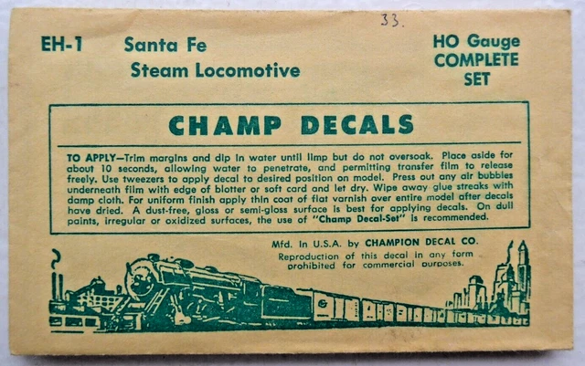 CHAMP DECALS EH-1 Santa Fe Steam Locomotive HO Decals USA American ATSF ...