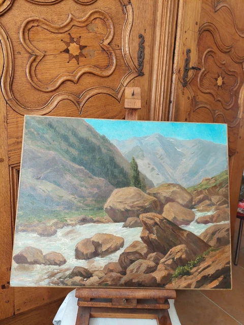 ANCIEN TABLEAU HUILE Sur Toile Signé - Torrent En Montagne EUR 45,00 - PicClick FR