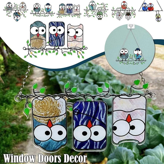 STAINED CARTOON BIRD Metal Glass Panel Birds Window Decor Suncatcher ...