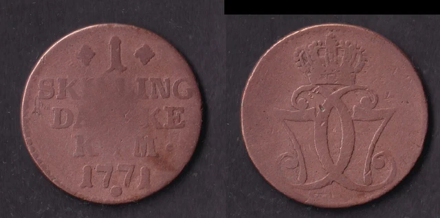 COIN, DENMARK 1 Skilling 1771 Rigsdaler (1750 - 1812) Copper KM# 616 £ ...