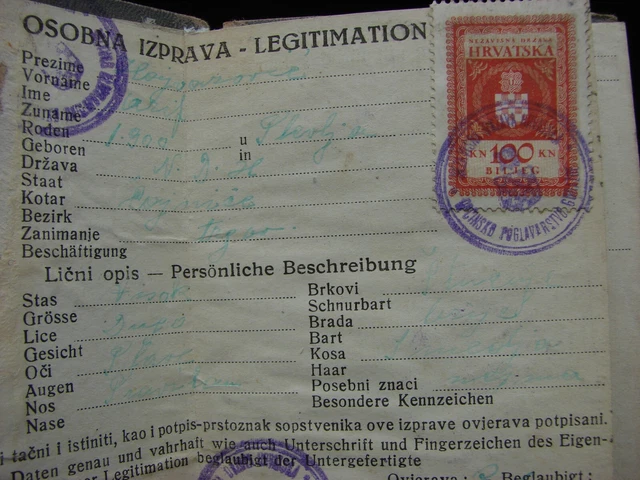 WW2 NDH LEGITIMATION ID CARD DOCUMENT RARE 1944 WWII Croatia Pavelic ...