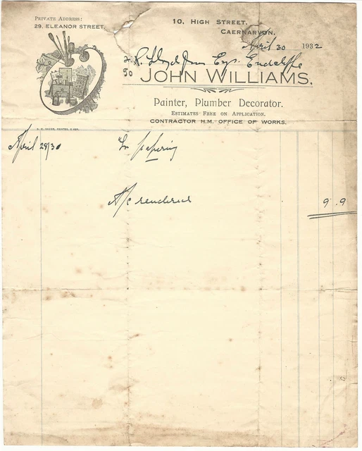 JOHN WILLIAMS CAERNARVON Artist's Pallette Pictorial 1932 Invoice EUR 5 ...