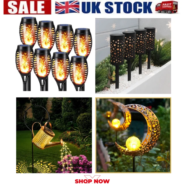 SOLAR POWERED SUN Moon Flame LED Garden Stake Post Lights Pathway Lamp ...