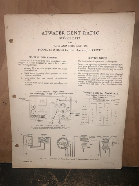 ATWATER KENT RADIO -Service Data/Parts List- For Model 87-D Original ...