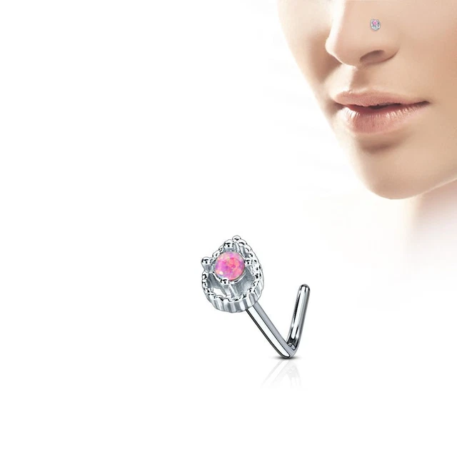 PIERCING NOSE ROD/STEM End Long Arm L Shaped Tear Opal Pink £8.33 ...