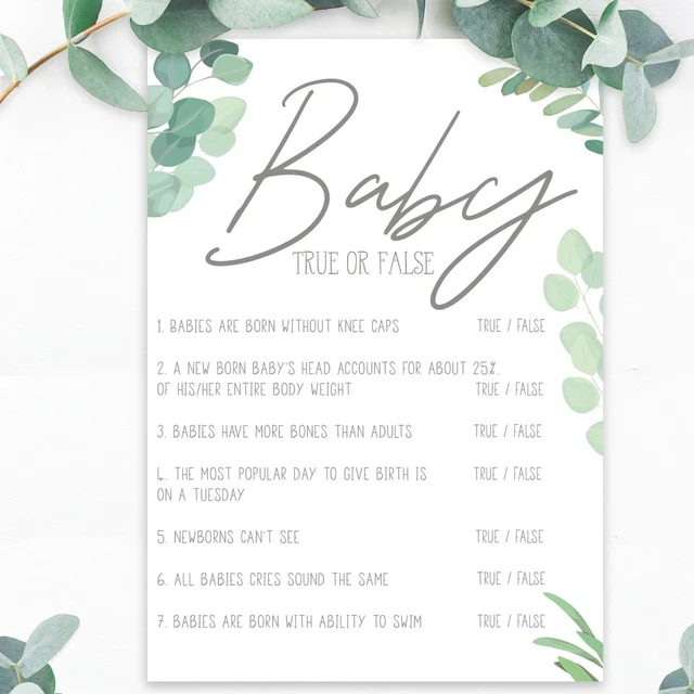 BABY SHOWER GAMES True or False Quiz Trivia Boy Girl Unisex Botanical ...