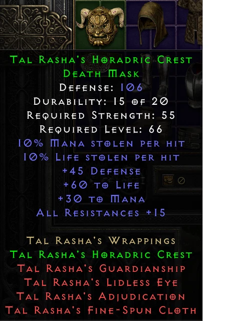 DIABLO 2 RESURRECTED D2R - Tal Rasha Mask Sorceress Sorc Set Softcore ...