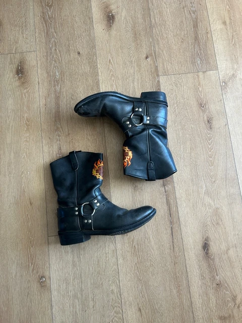 RARE HARLEY DAVIDSON Slip On Flame Logo Leather Harness Boots Frye Mens ...
