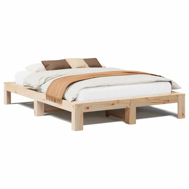 BED FRAME SOLID Pine Natural 140x190 cm Slatted Base Underbed Storage ...