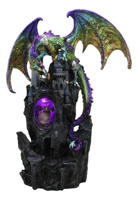 LARGE RAINBOW DRAGON On Castle Statue With Wyrmling In Egg LED Light ...