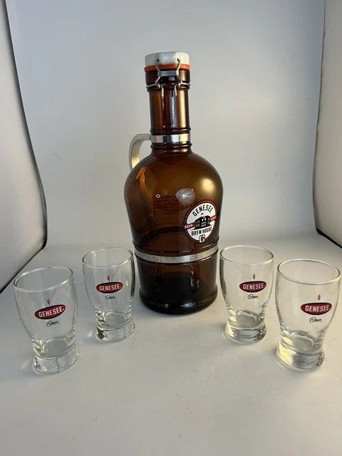 GENESEE BREW HOUSE 2L Brown Amber Glass Growler w Metal Handle + 4 Beer ...