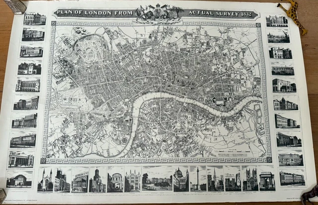 VINTAGE MAP OF London from Actual Survey 1832 with illustrations 67cm x ...