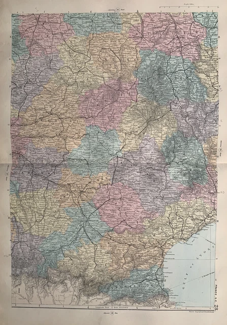 1891 SOUTH WEST France Original Antique Hand Coloured Map by G.W. Bacon ...