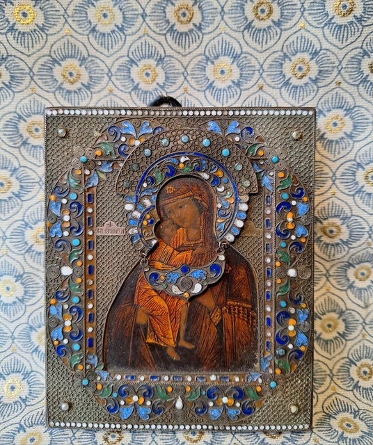 RARE ICONE ICON Religieuse Orthodox Ancienne Russe Russian Peinte Oklad Emaille EUR 450,00 ...