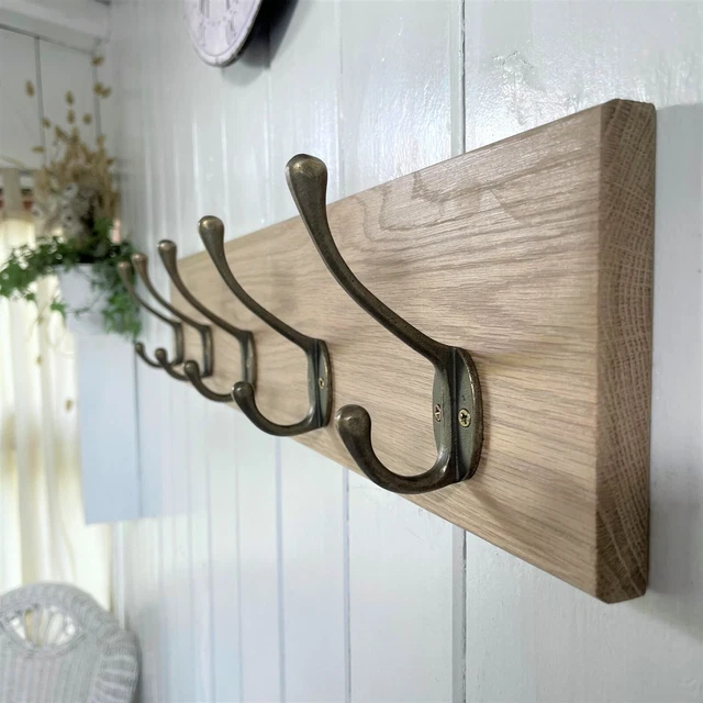 COAT RACK SOLID Oak Wooden Handmade Vintage Victorian Antique Brass £7. ...