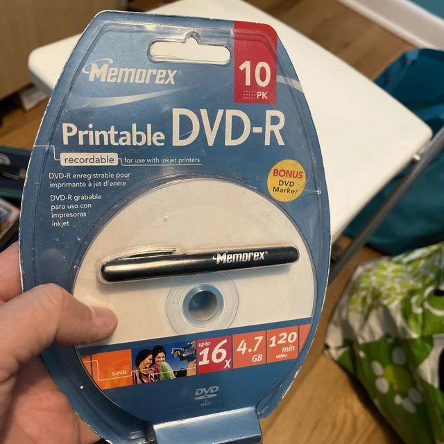 10-PK MEMOREX WHITE Inkjet Hub Printable DVD-R; 16x 4.7GB 120m w/ Bonus ...