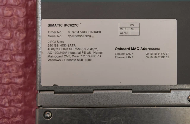 SIEMENS SIMATIC BOX PC IPC627C 6ES7647-6CH30-0AB0 / 6ES7 647-6CH30-0AB0 ...