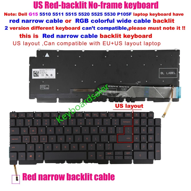 CLAVIER AMÉRICAIN RÉTROÉCLAIRÉ rouge pour Dell G15 (5510), G15 (5511 ...