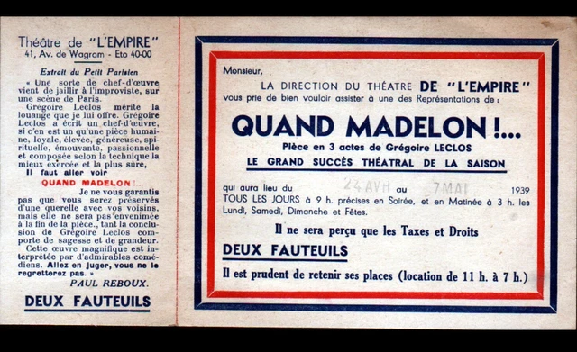 PARIS (XVII°) THEATRE de l'EMPIRE / Carte d'invitation QUAND MADELON en 1939 EUR 28,05 - PicClick FR