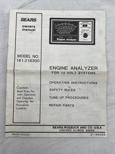 SEARS 161.216300 ENGINE Analyzer for 12 Volt Original Owners Manual £11 ...