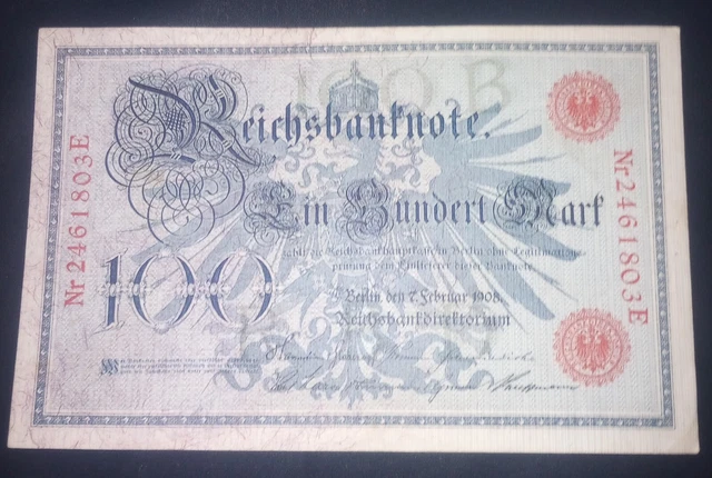 1908 GERMANY 100 Mark Reichsbanknote Banknote -Wwi- Berlin Red Seal ...