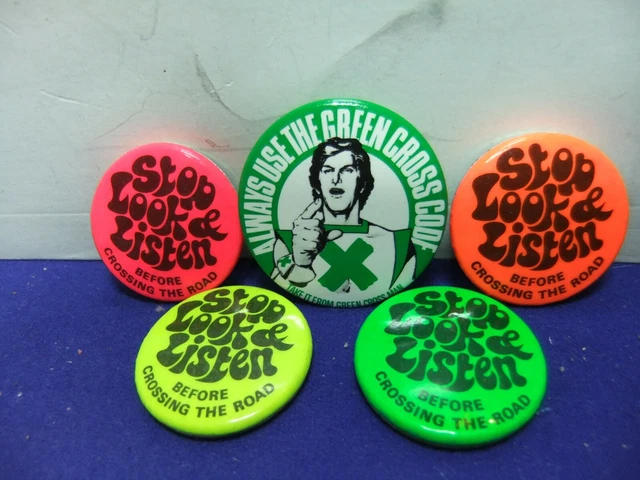 ROAD SAFETY BADGES stop look listen kerb drill green cross code 60s 70s ...