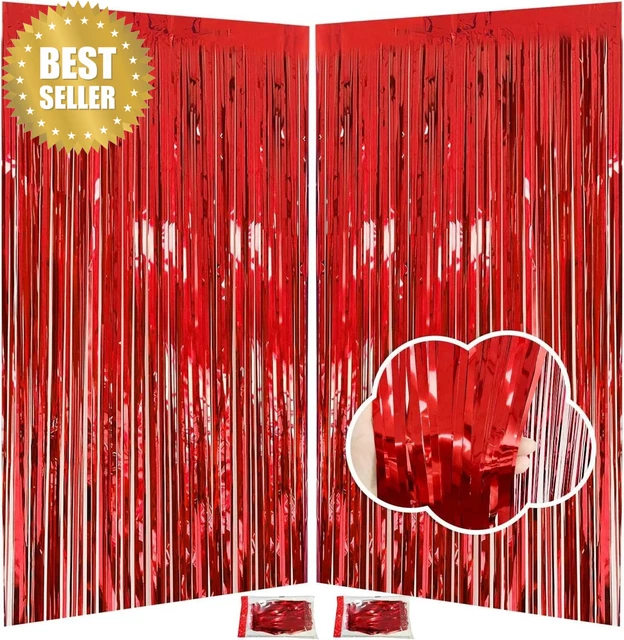 2 PACK RED Foil Fringe Curtain Metallic Tinsel Party Backdrop 3.3x8.2ft ...