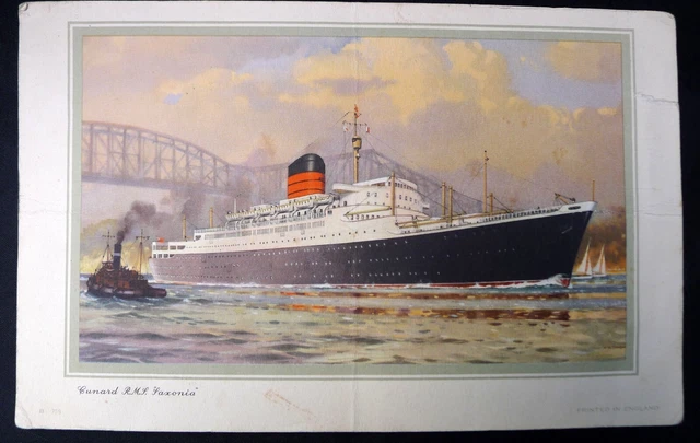 COLOUR POSTCARD RMS Saxonia, Cunard Passenger Ship Under Sydney Harbour ...
