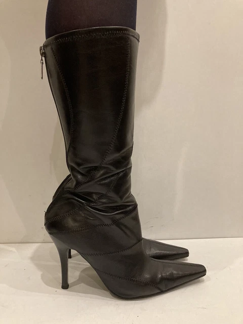 Vintage River Island Y2k Black Leather Pointed Toe Mid Calf Boots Uk7