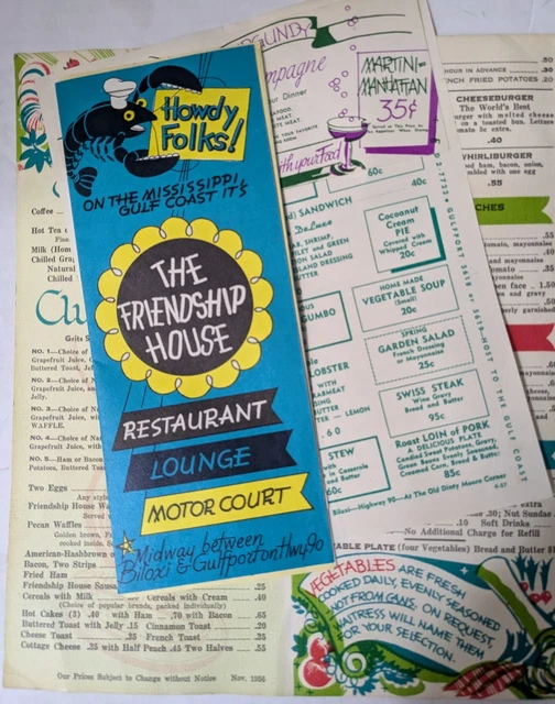 VINTAGE 1961 FRIENDSHIP HOUSE Restaurant Menu w Gulf Roadside Tourist ...