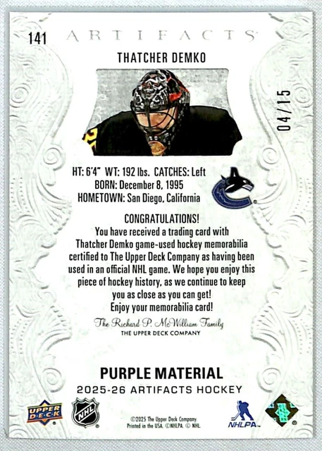 THATCHER DEMKO 2025-26 UD Artifacts Purple Patch /15 #141 Vancouver ...