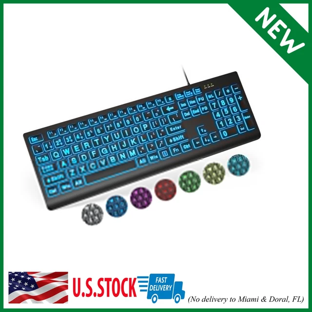 LARGE PRINT BACKLIT Keyboard, Wired USB Lighted Computer Keyboards with ...