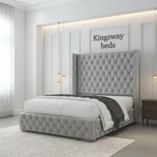 WINGED CHESTERFIELD PLUSH Bed with Gas Lift Storage Double and King All ...