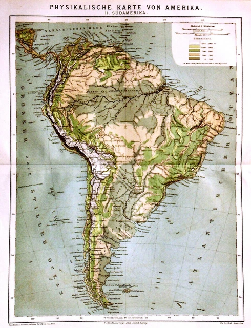 1897 ANTIQUE GEOGRAPHIC Print: The Physical Map Of South America.aetna ...