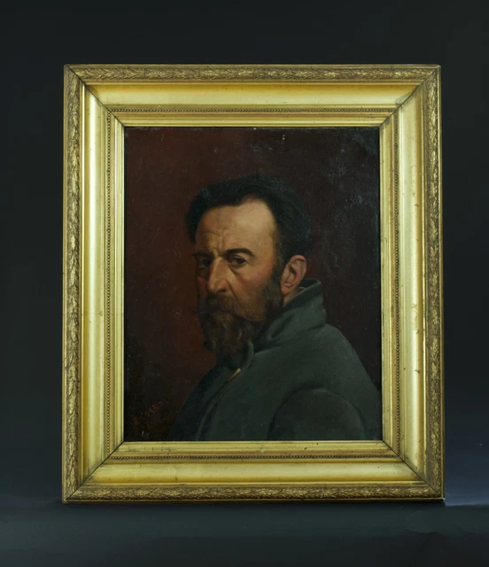 TABLEAU ANCIEN PORTRAIT autoportrait au miroir signé Chabou Toulouse 19 ...