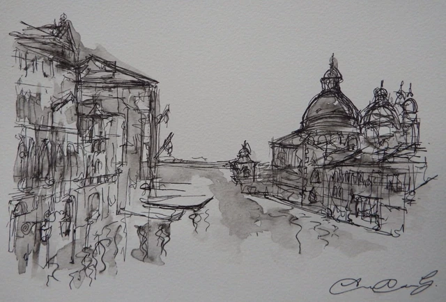 ORIGINAL PEN & ink wash drawing of Venice Grand Canal Italy on ...