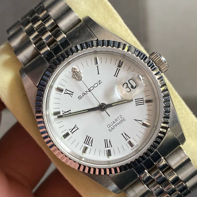 RARE MONTRE HOMME Sandoz President à quartz date index romain cadran ...