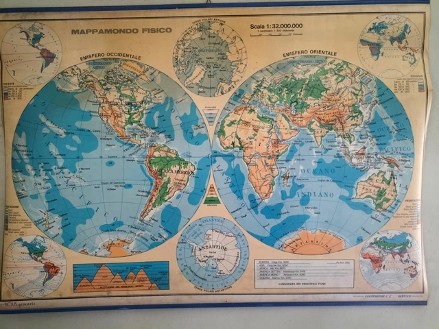 MAPPAMONDO FISICO - PLANISFERO POLITICO antica cartina murale scuola ...