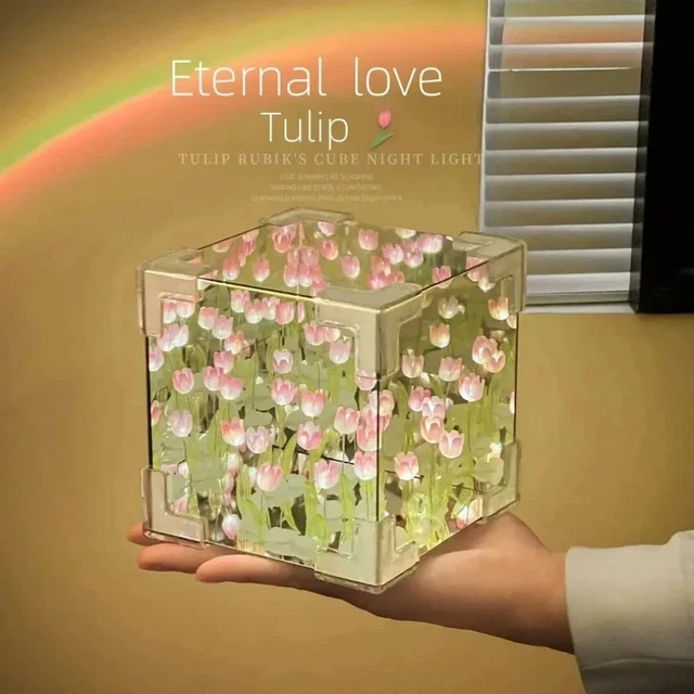 DIY TULIP MIRROR Cube Lamp Simulation Flower Bedroom Sleeping Table ...