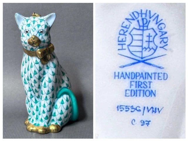 HEREND FIGURINE CAT Fishnet Green First Edition Porcelain H8.8cm $512. ...