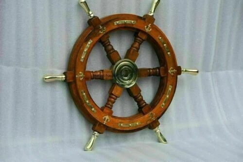 BATEAU MURAL PIRATE à roue en bois marron 18" laiton massif six rayons ancre ... EUR 65,22 ...