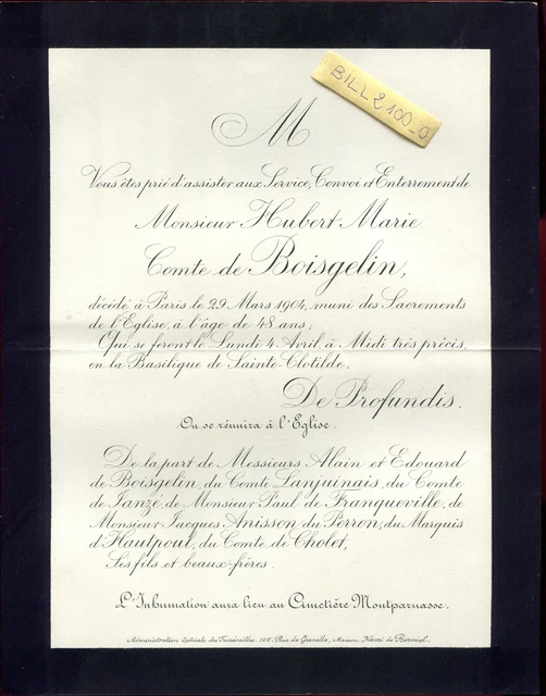 FAIRE-PART DE DÉCÈS de Mr. Hubert Marie Comte de Boisgelin . Paris 1904/ Cholet EUR 10,90 ...