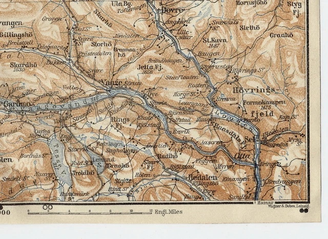 1909 ORIGINAL ANTIQUE Map Of Ottadalen Gudbrandsdalen Valley / Oppland ...
