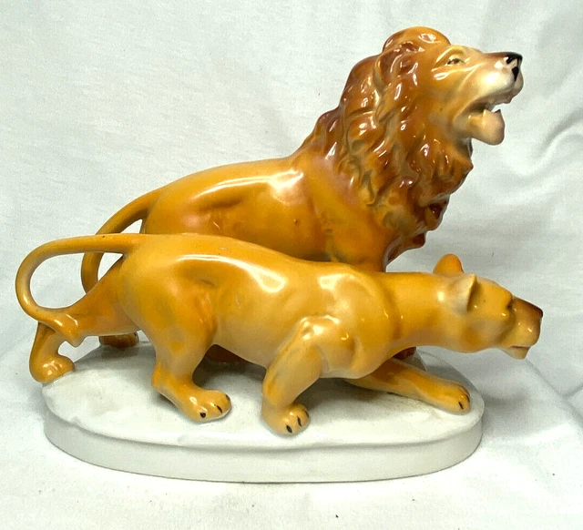 VINTAGE ANTIQUE GERMAN Porcelain Lion & Lioness Figurine 7585 Stamped ...