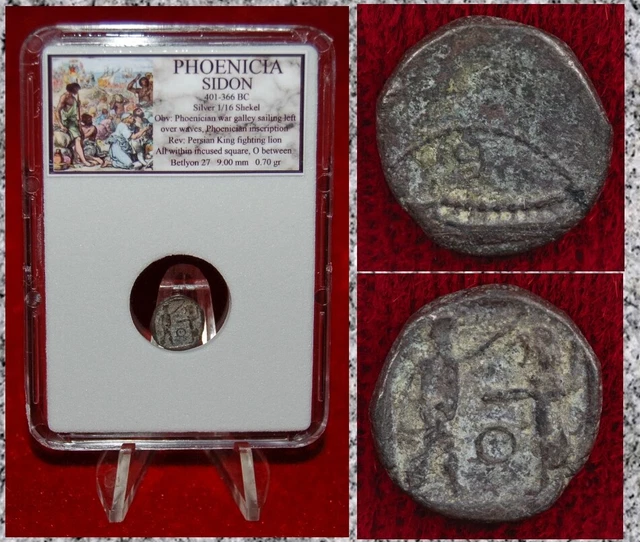 ANCIENT COIN PHOENICIA Sidon Galley King Fighting Lion Silver 1/16 ...